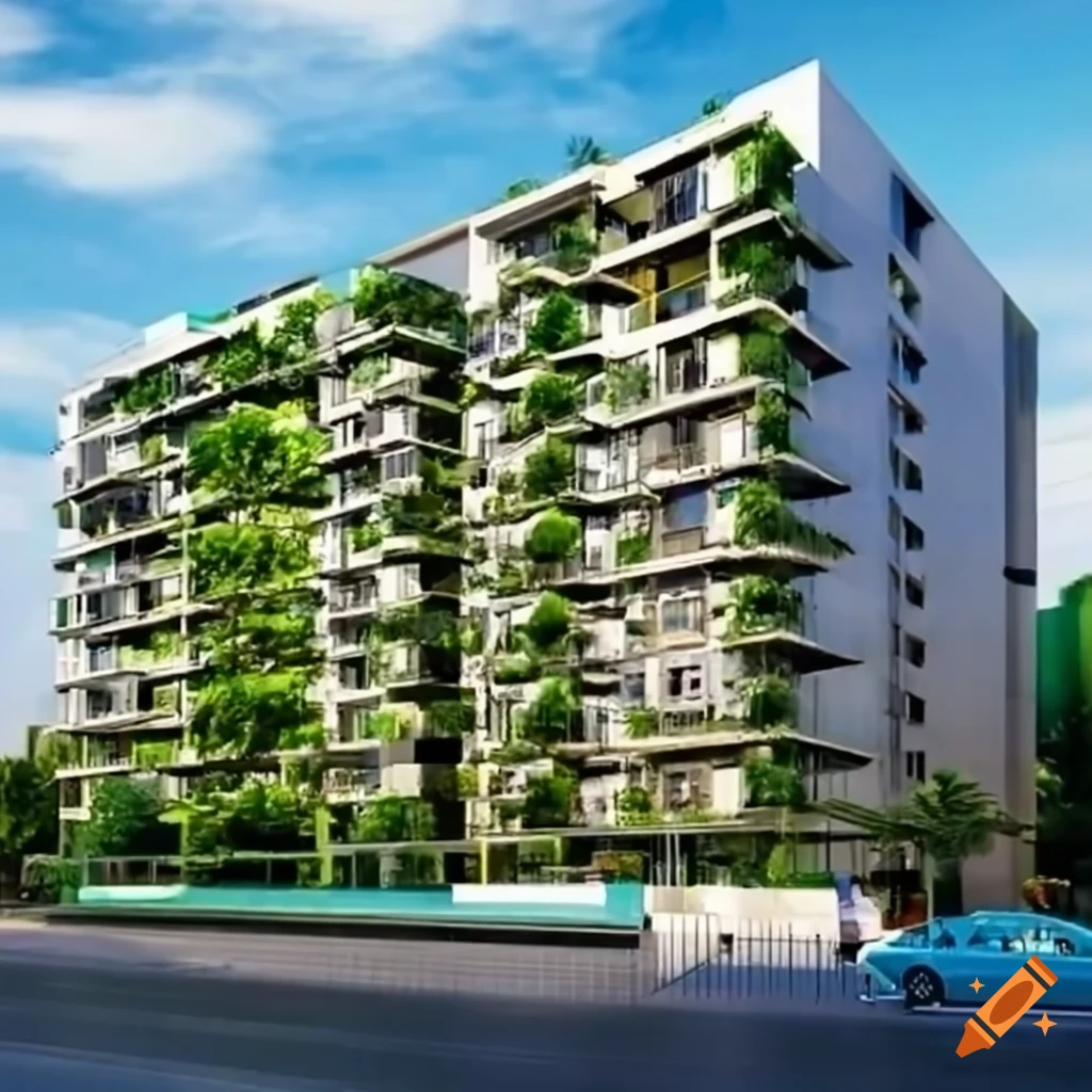 Long modern greenery residence building, 35 flats, spread on 5 floors ...