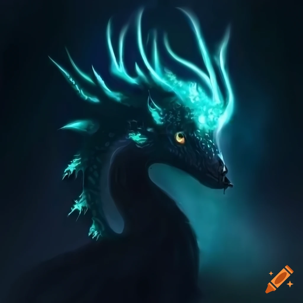 Digital artwork of a mystical dragon with glowing antlers in a forest