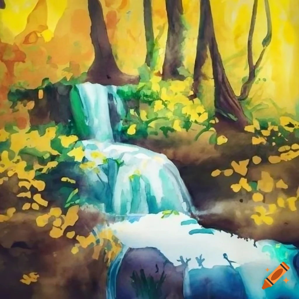 Waterfall in the forest with yellow flowers watercolor on Craiyon