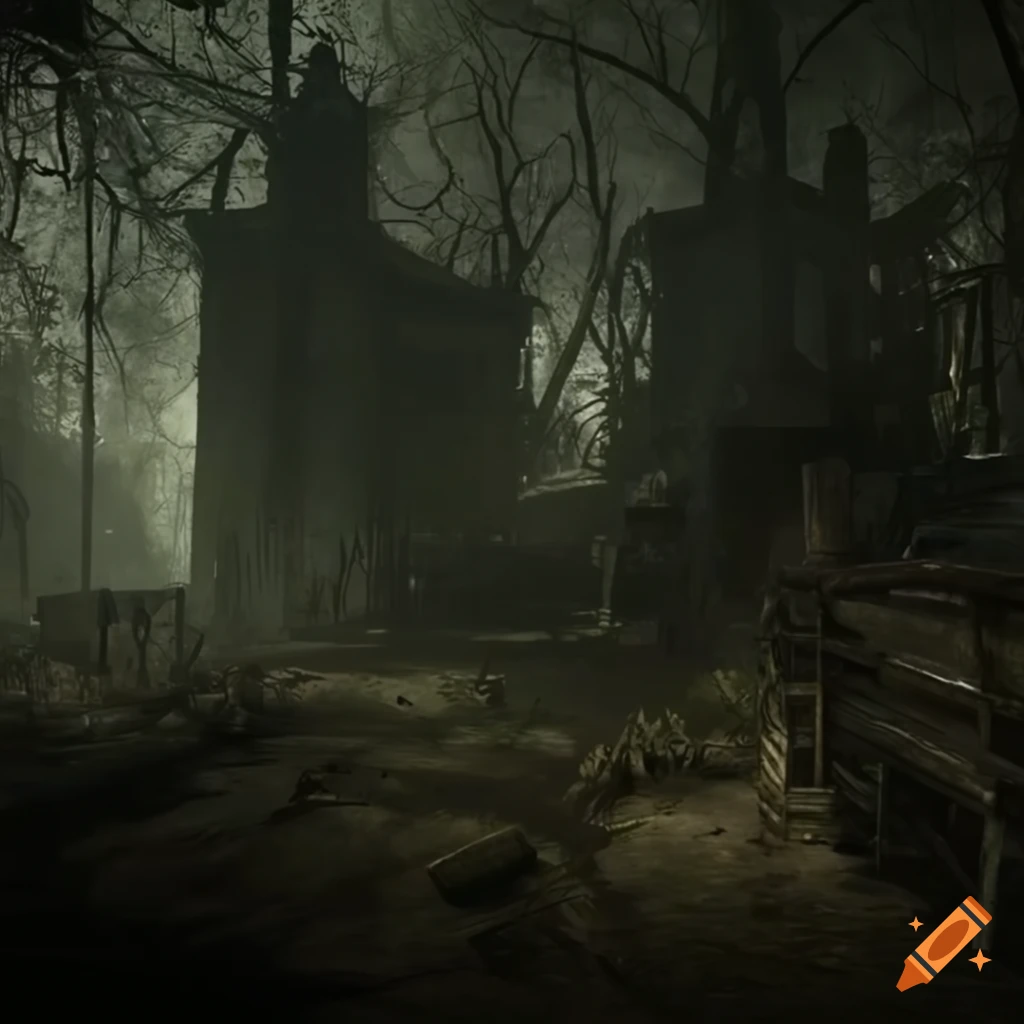 Resident evil 7 style screenshots a forest and a gigantic isolated asylum