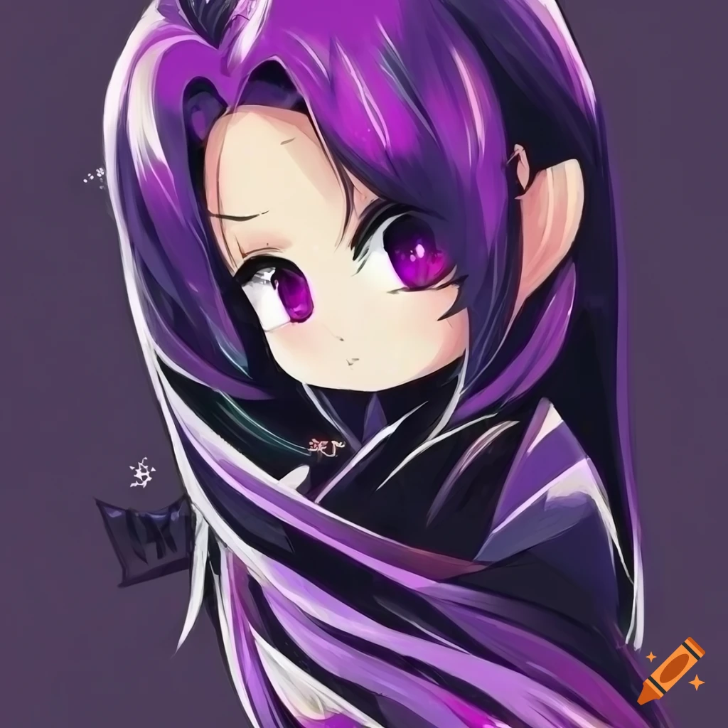 Illustration chibi anime, a woman with long purple hair, wearing a ...