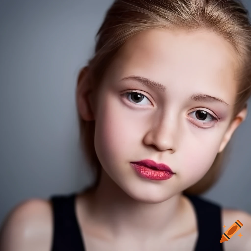 Girl age 12. face closeup. moderate makeup and lipstick. gray ...