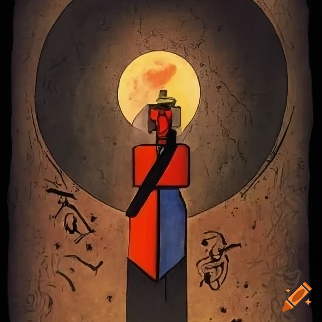 A magician is depicted in a spacious dress with a raised hand holding a ...