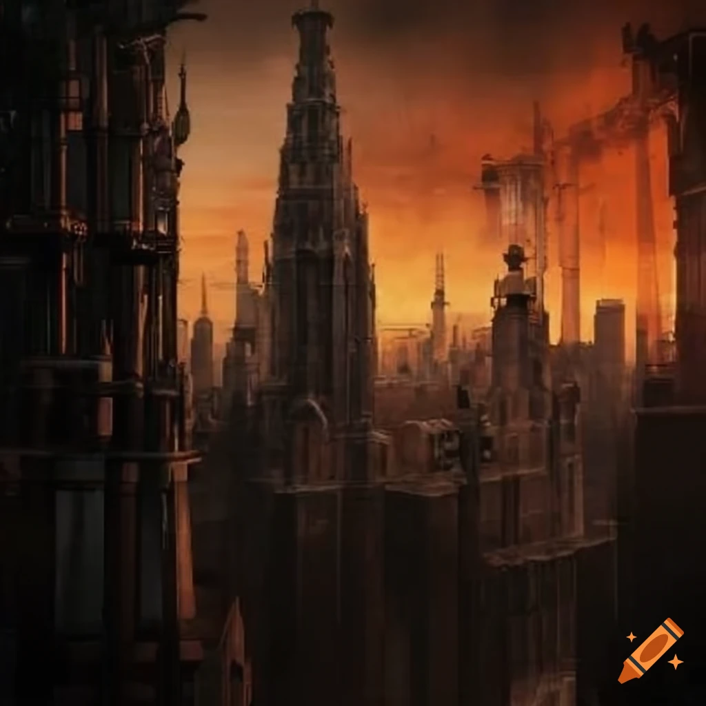 A gothic megacity mixed with industrial machinery and pipes