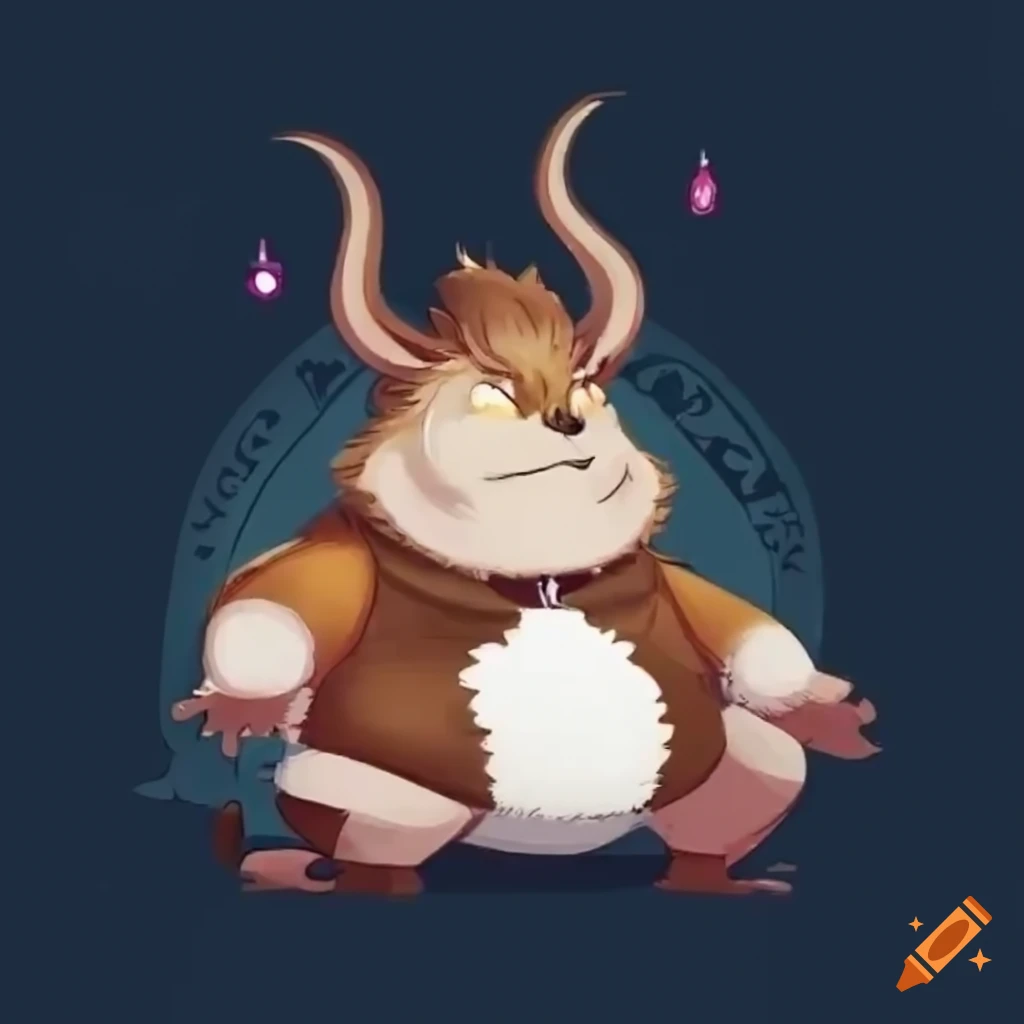 Fat anthropomorphic beast with brown fur. Round ran like horns with ...