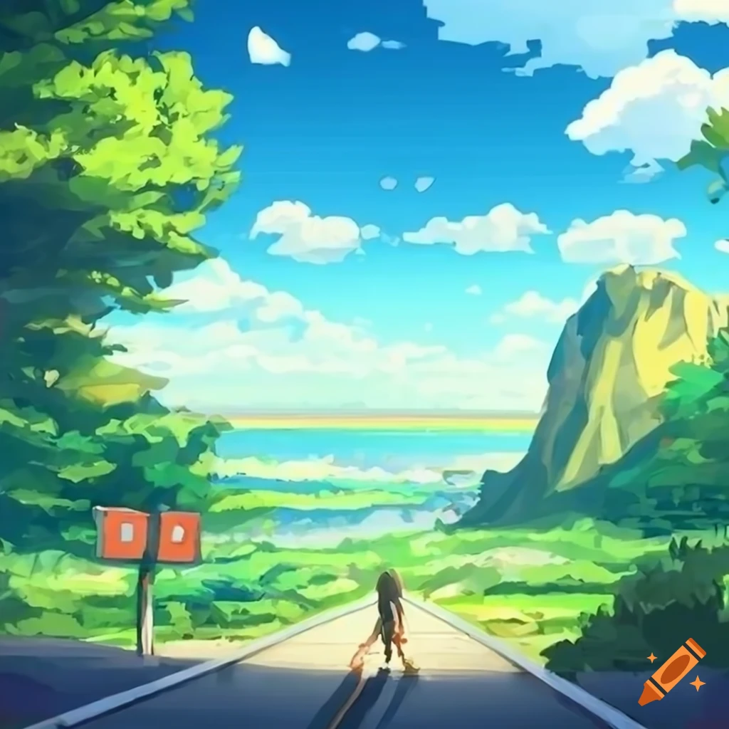 Pokemon anime style landscape art road side on Craiyon