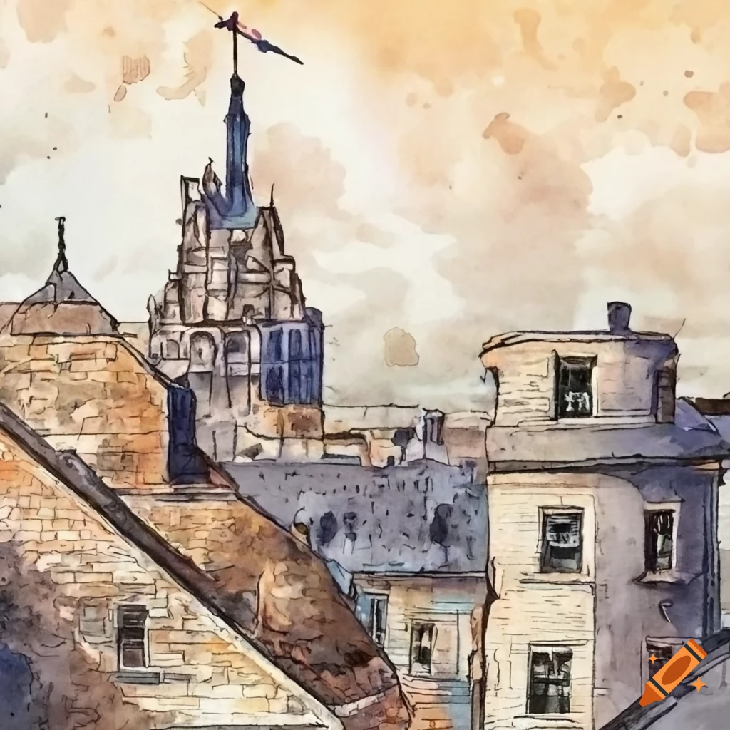 Rooftops of a city with a massive fortress at a distance, fantasy ...