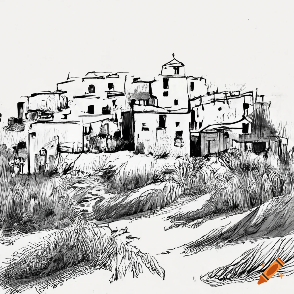 Black and white ink drawing. a spanish pueblo village in the desert ...