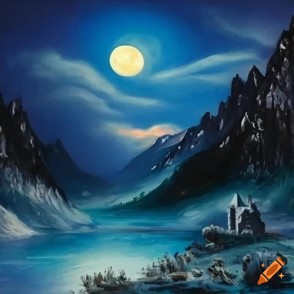 Bob Ross painting of a fantasy world, night sky with two large moons ...