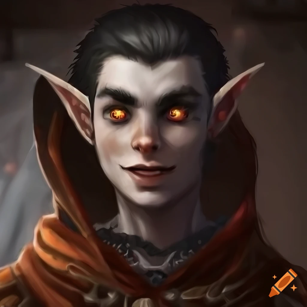 Elf, grey skin, black hair, white eyes, buzz cut, male, in a tavern ...