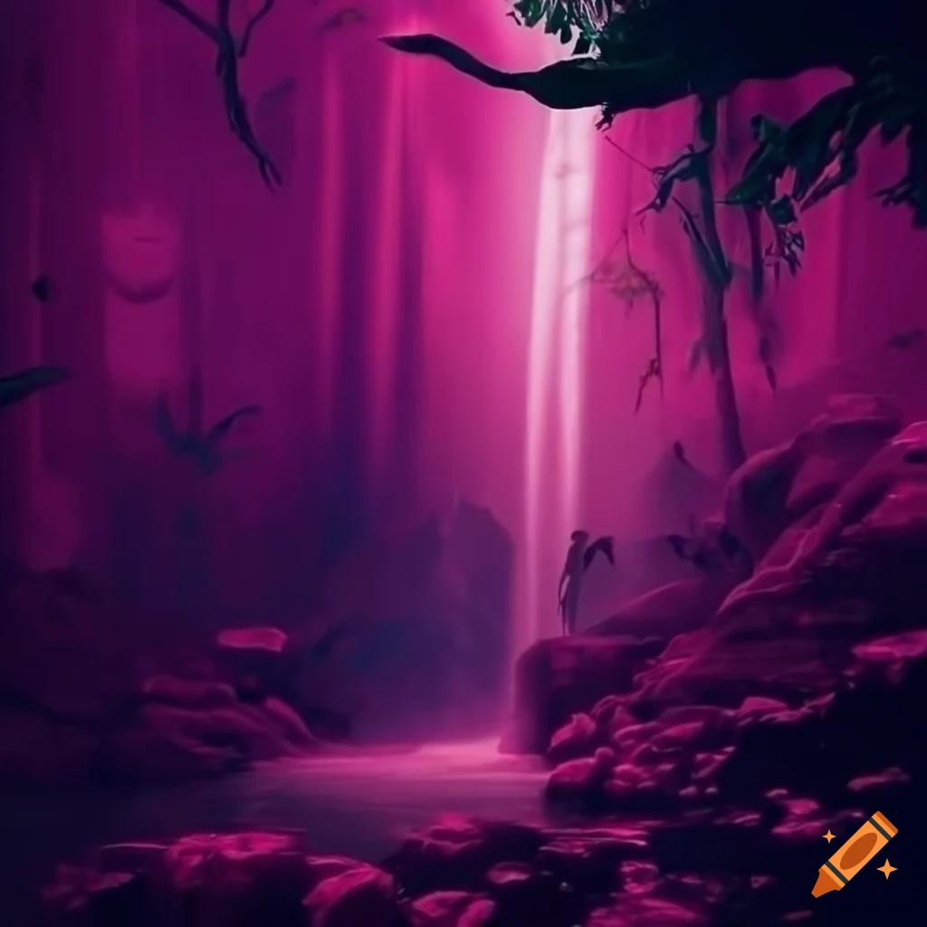 Jungle, alien, fog, waterfall, rain, pink