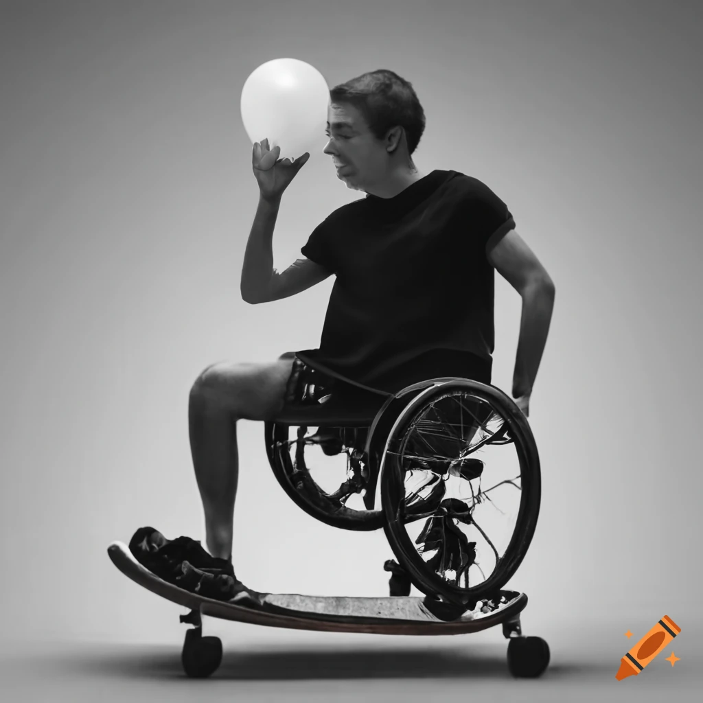 Crying disabled man with ballon head on a skateboard in black and white ...