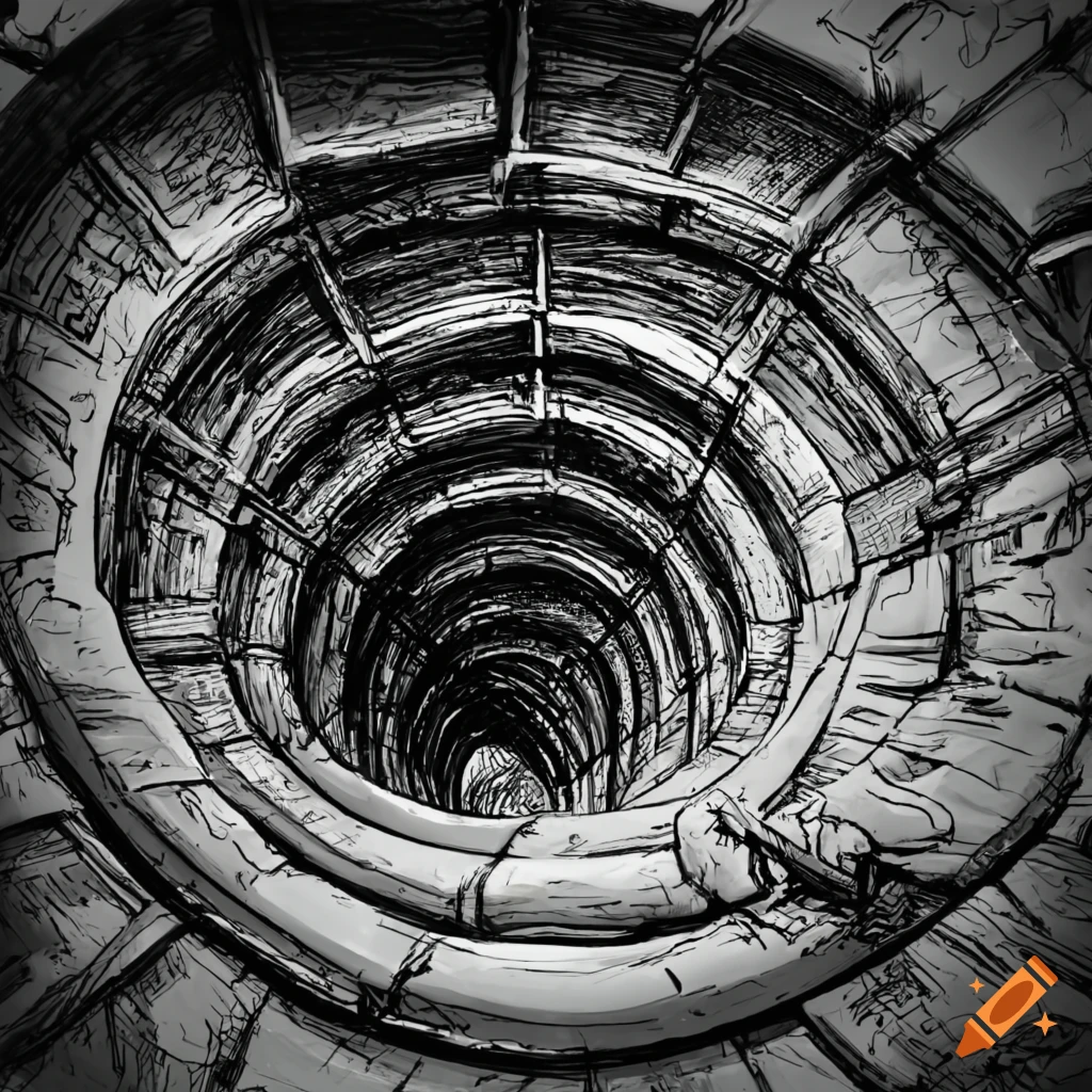 A black and white drawing of a big pit with small spiral stairs on Craiyon