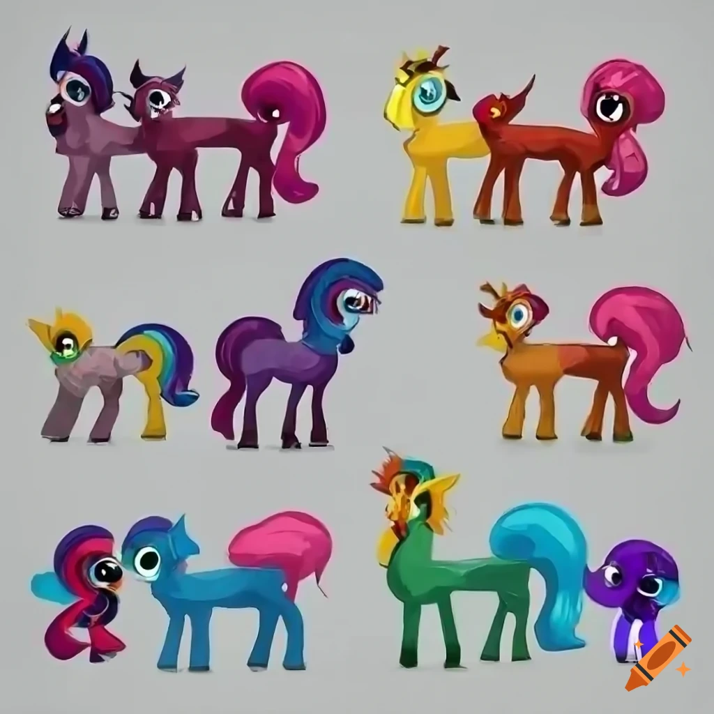 A collection of 20 original pony characters in photorealistic style