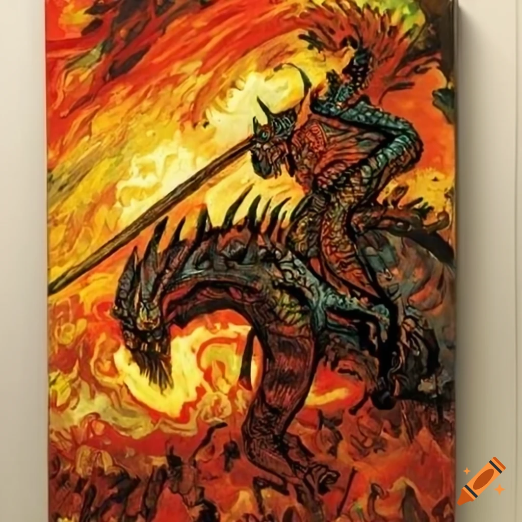 Fiery battle between knight and dragon, Van Gogh inspired on Craiyon