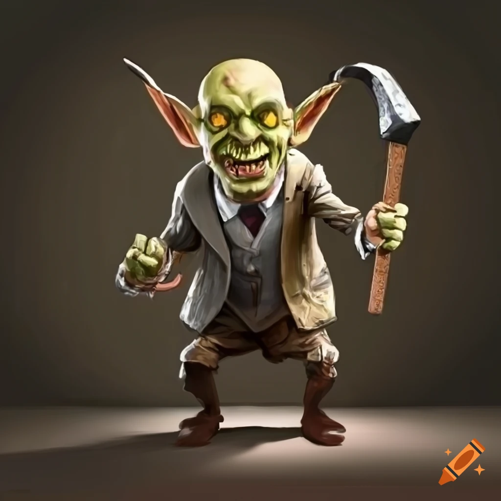 A goblin wearing a wig in a tattered formal suit wielding a hammer on ...