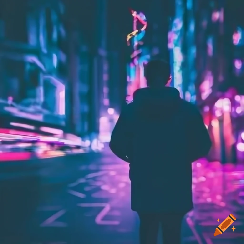 A person standing in a city filled with neon lights