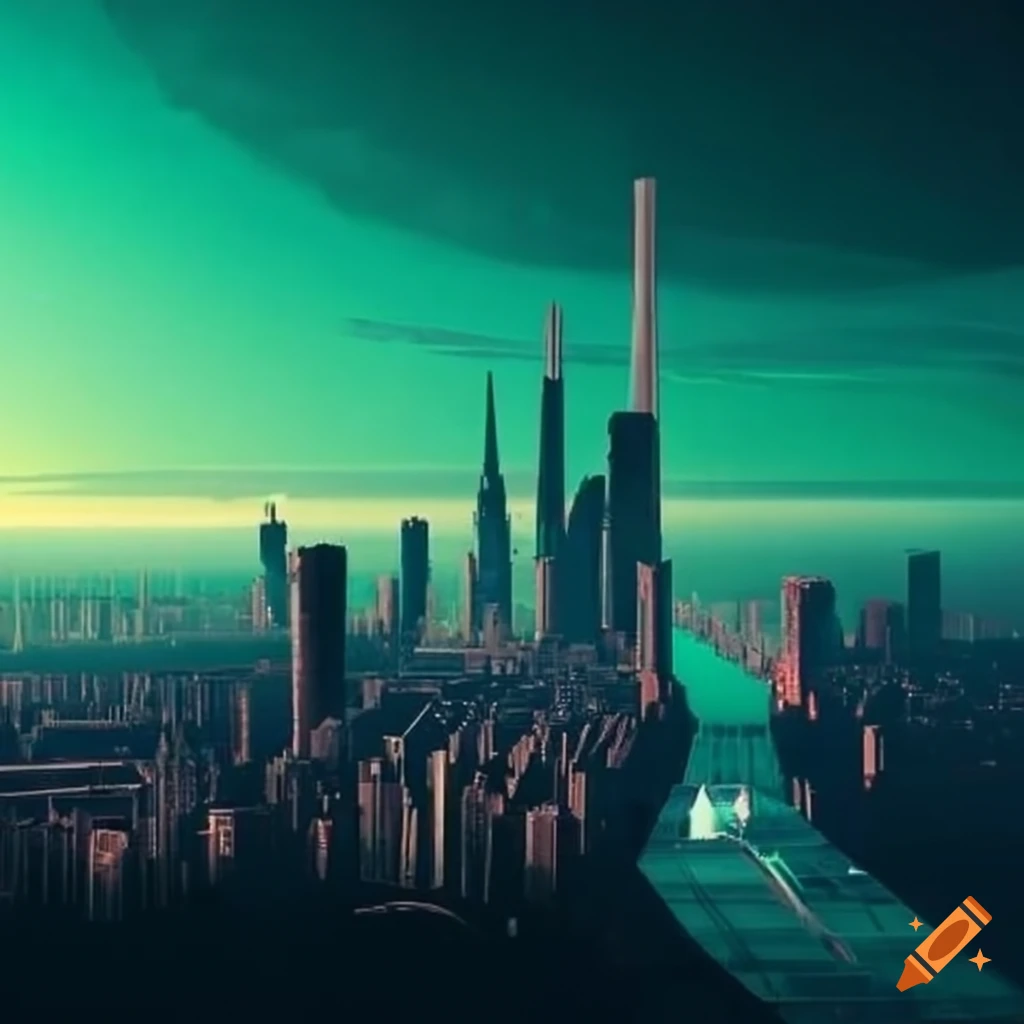 Retro future city with flying cars and dark green skyskrapers and a ...