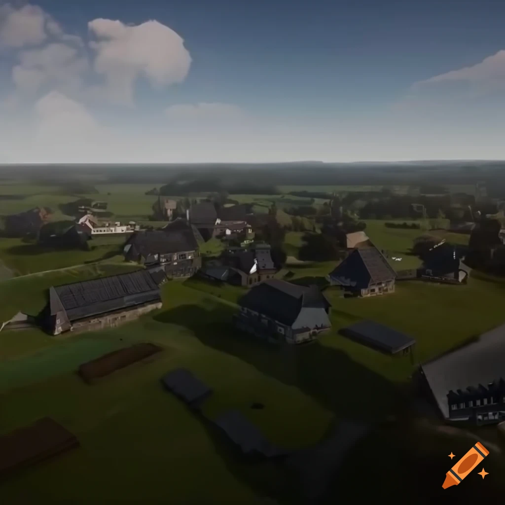 Unreal engine 5 aerial view of sci-fi saxony with farm fields and ...