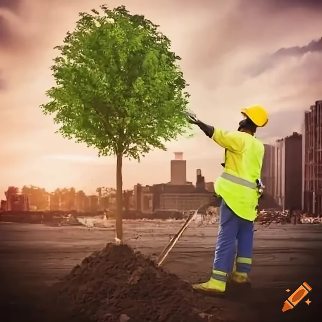 A construction worker planting a tree in a city