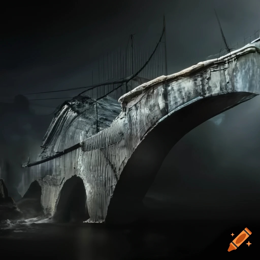 A damaged arch suspension bridge