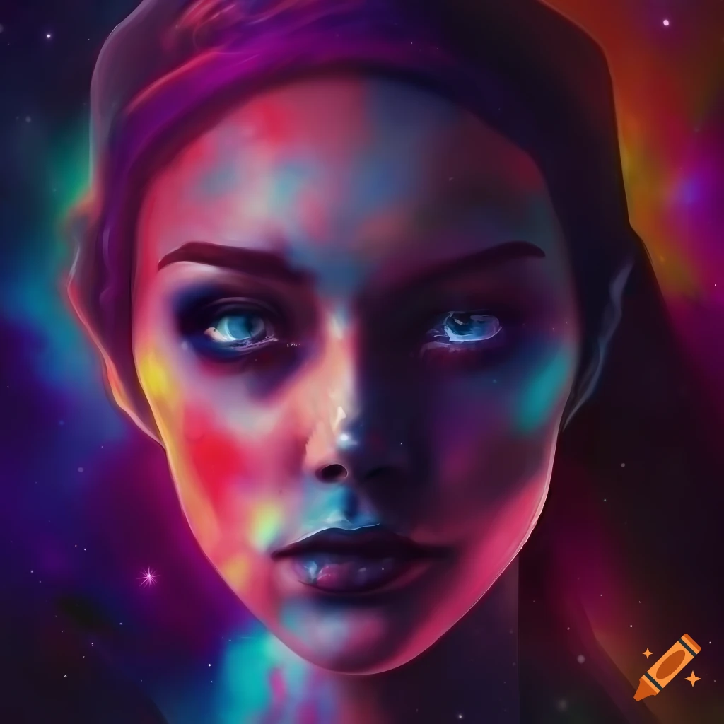 A beautiful female shadowy face in space with a nebula background ...