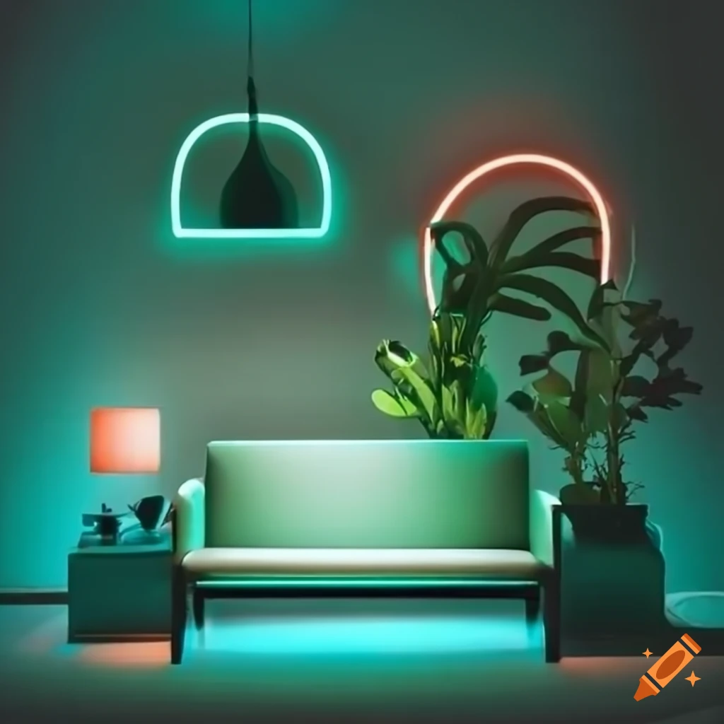 Waiting room with plants and neon lights