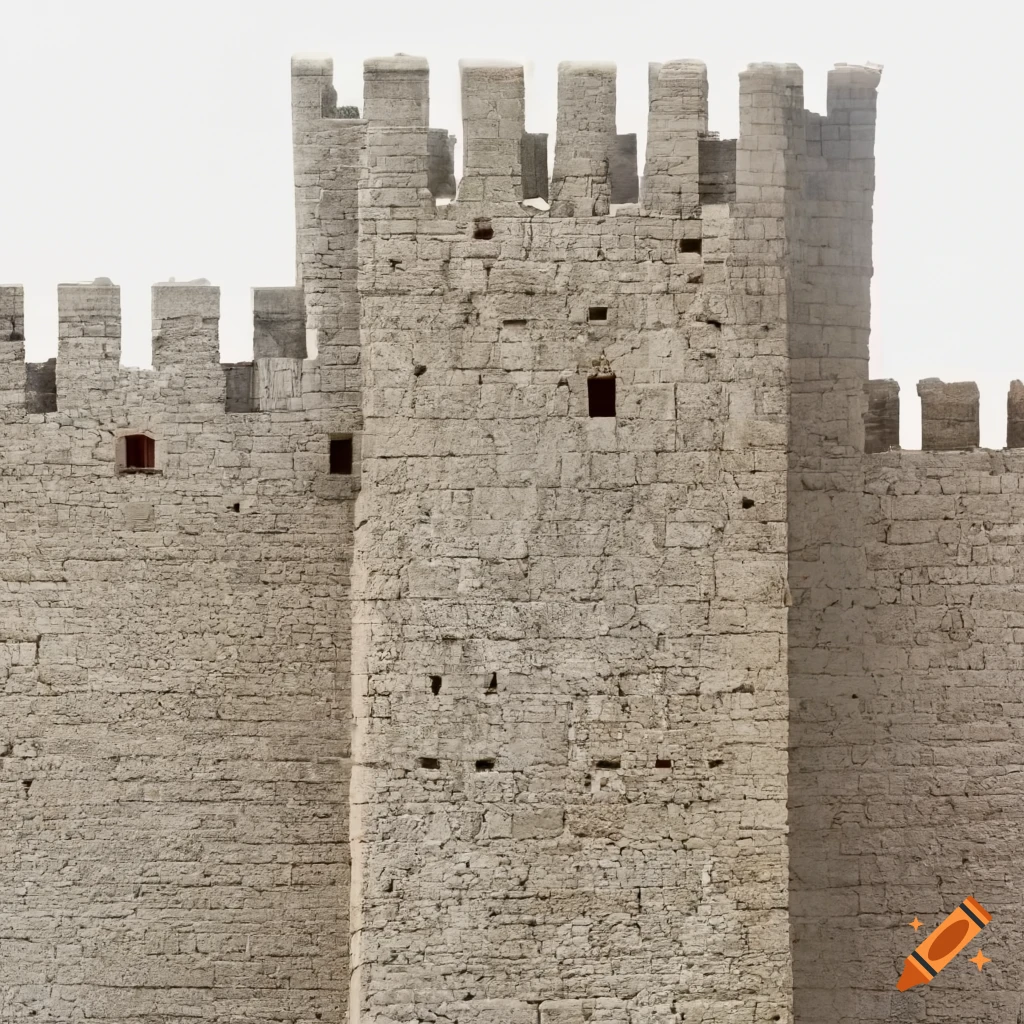 Castle wall viewed from above against a white background