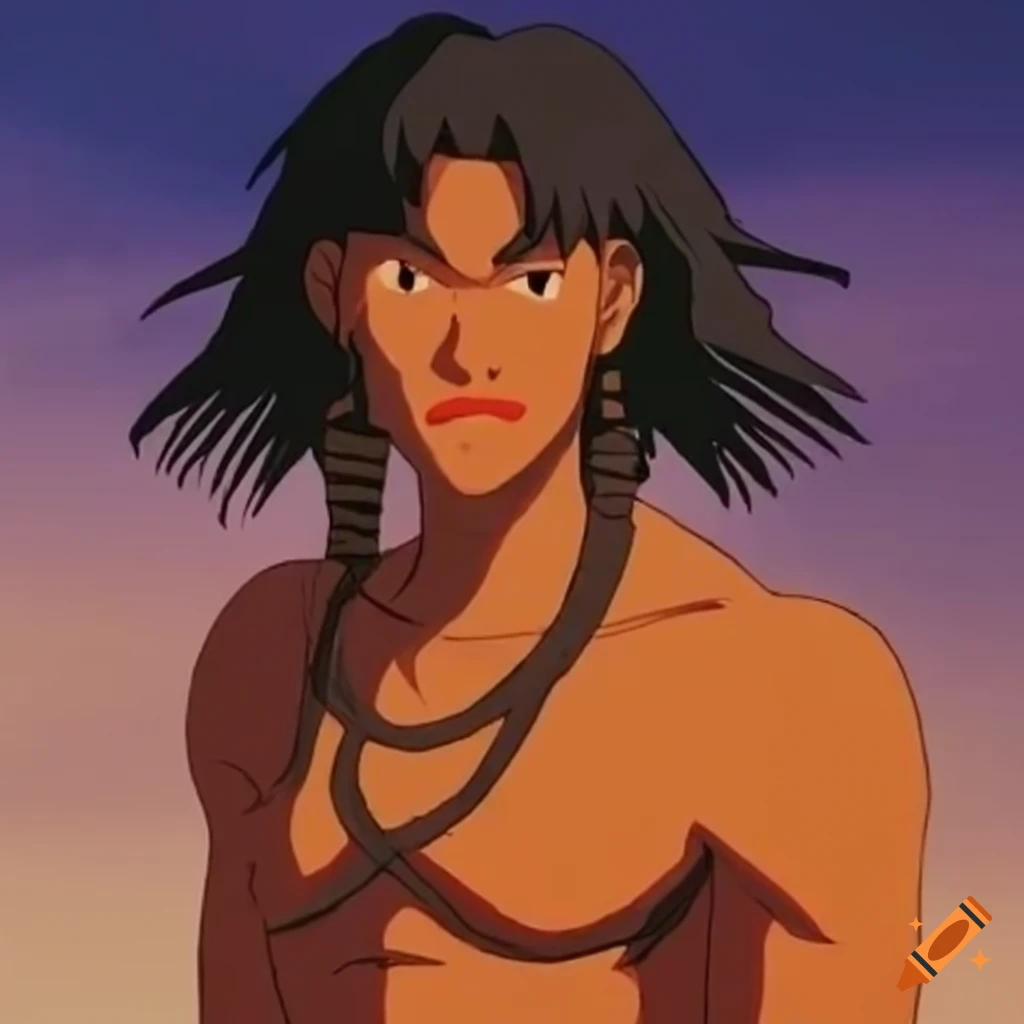 80-90's anime ova, prehistoric tribal nomad male, primitive armor ...