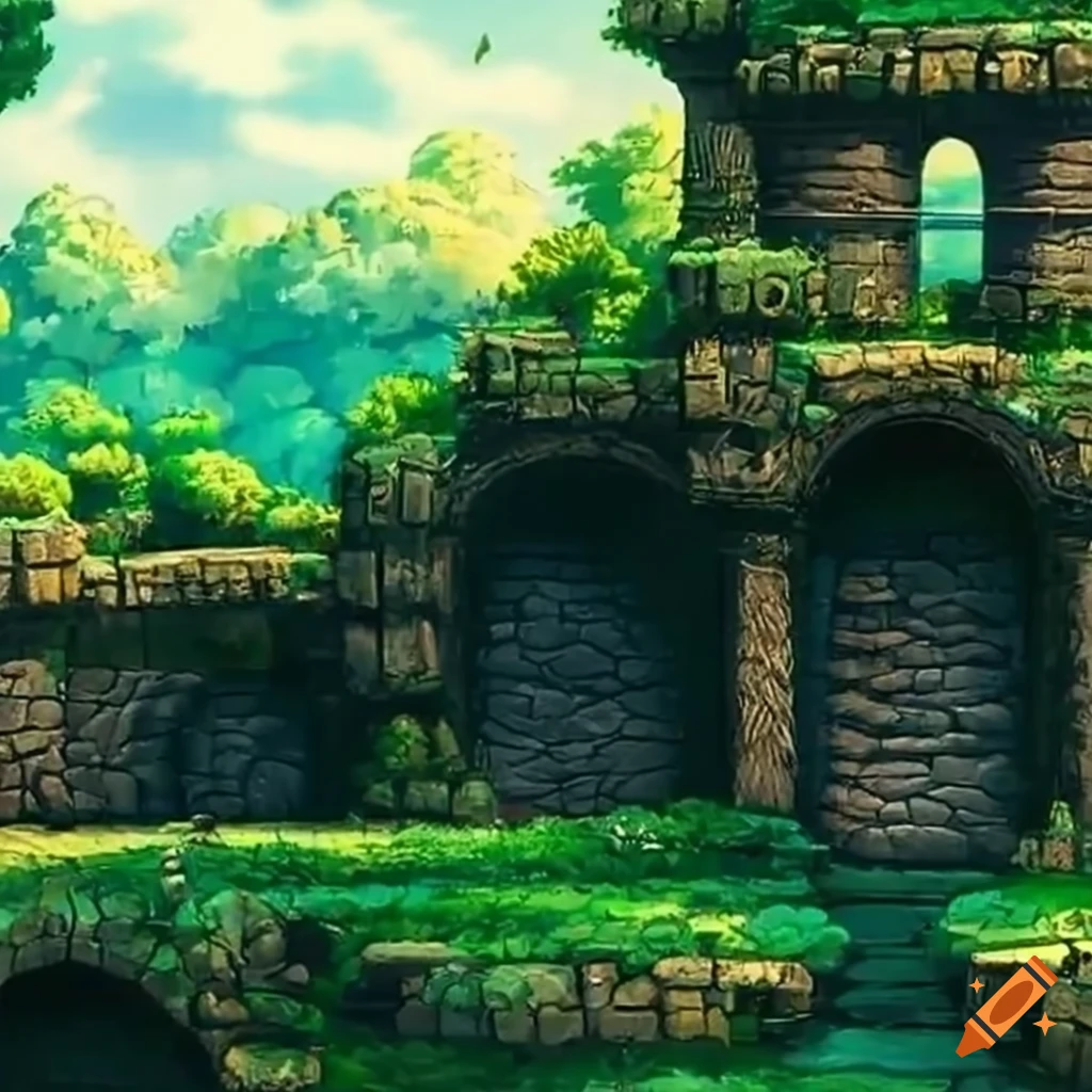 2d side-scroller platform game level tileset sprite sheet in the style of studio ghibli ...