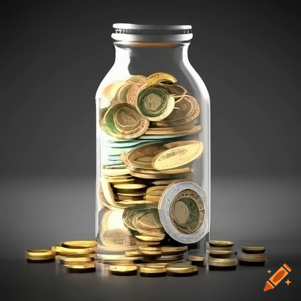 Tip jar containing money coins notes. 3d on Craiyon