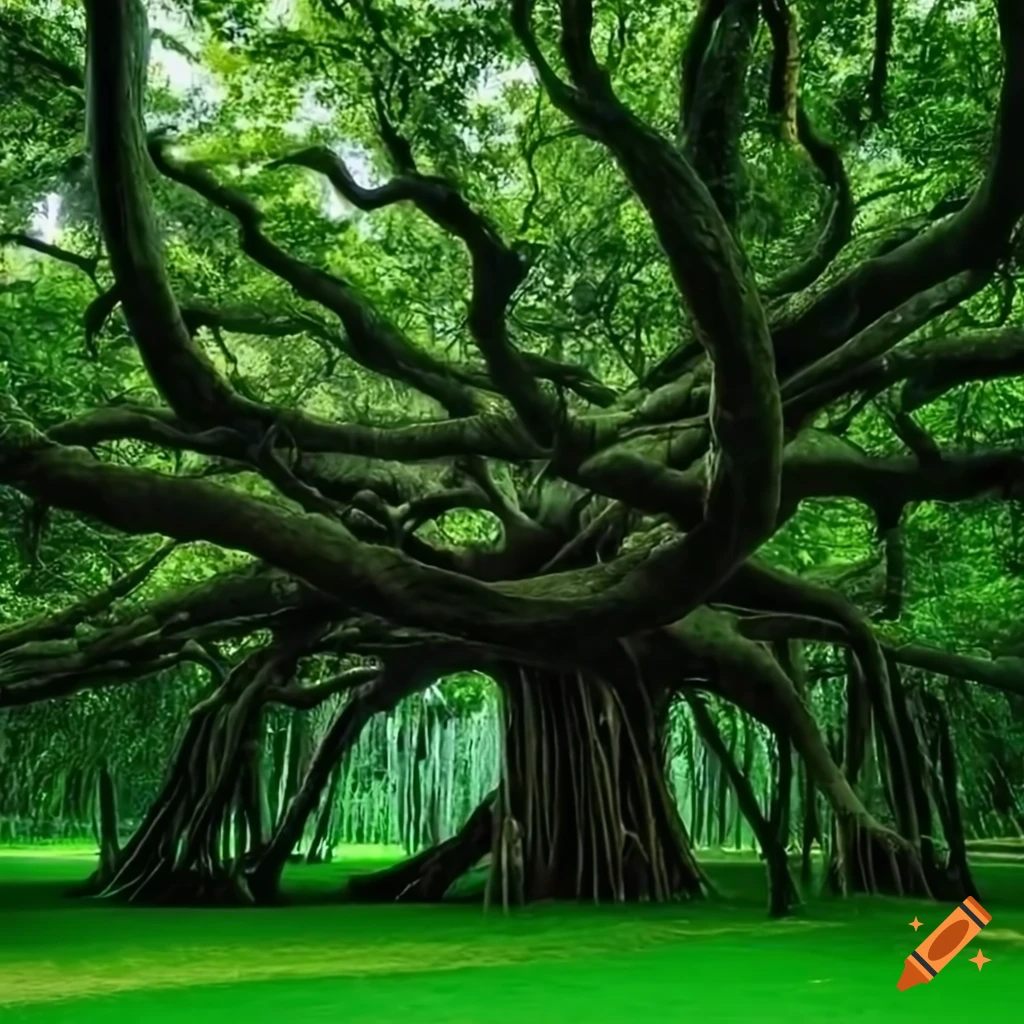 Majestic banyan tree in a lush forest, exuding tranquility, tentacles ...