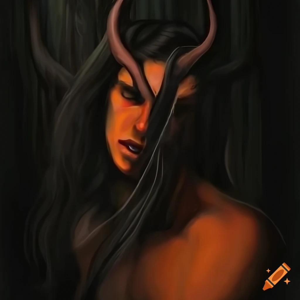 Longing handsome demon man with long black hair and horns in forest on ...