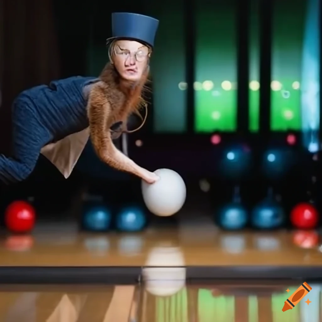 A cat in a top hat whilst rolling a strike in bowling on Craiyon