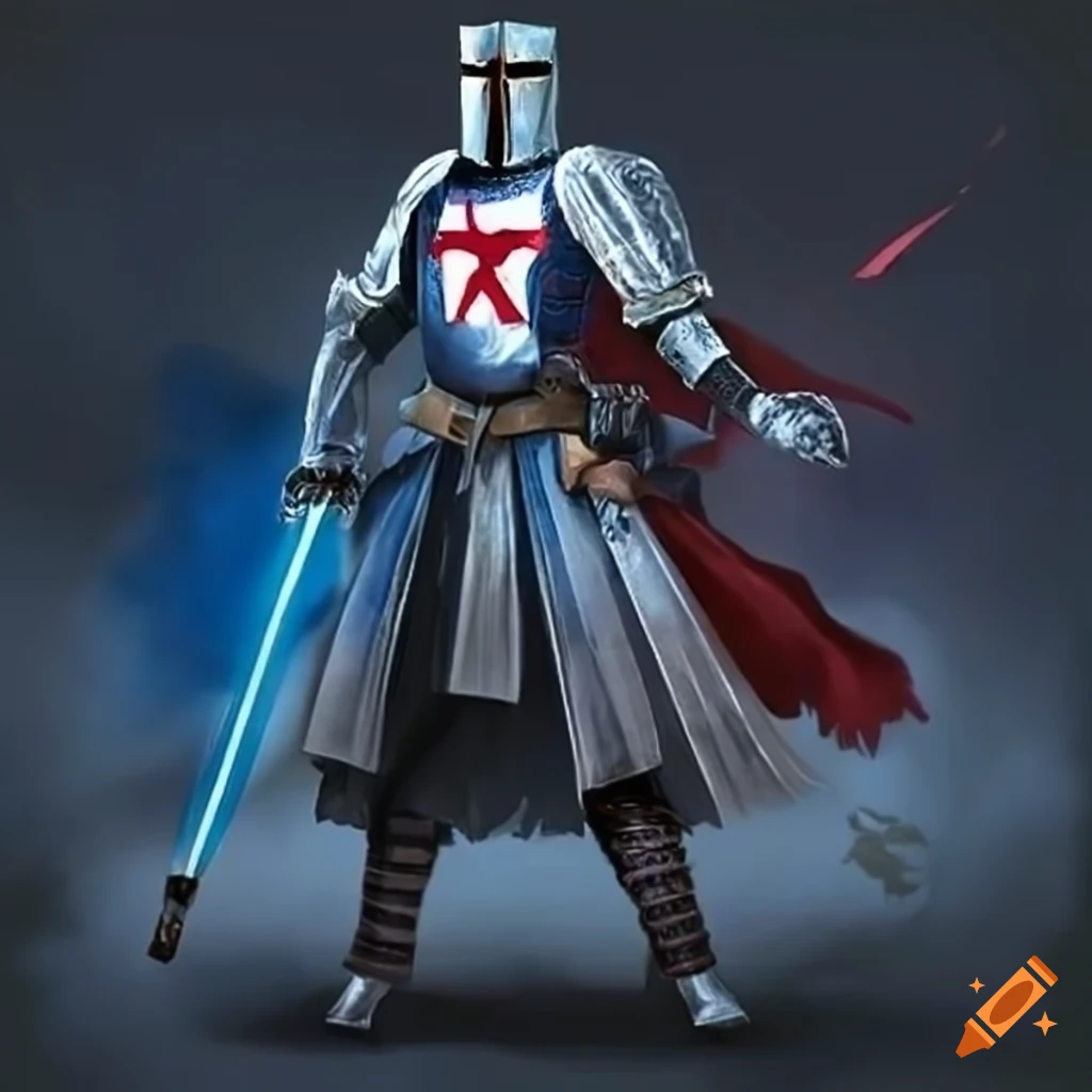 Luke Skywalker fusion Trevor Belmont as blue templar armor knight with samurai sword on Craiyon