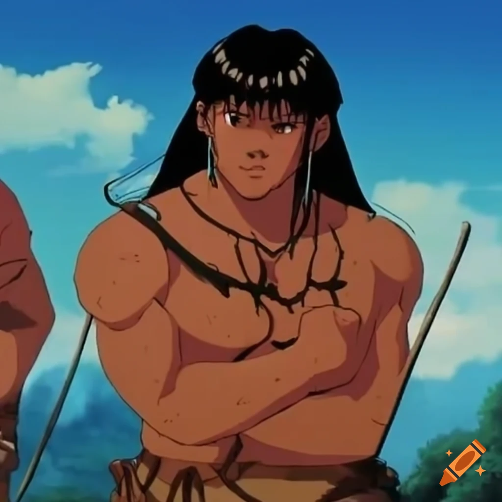 80-90's anime OVA, prehistoric tribal nomad male, primitive armor ...