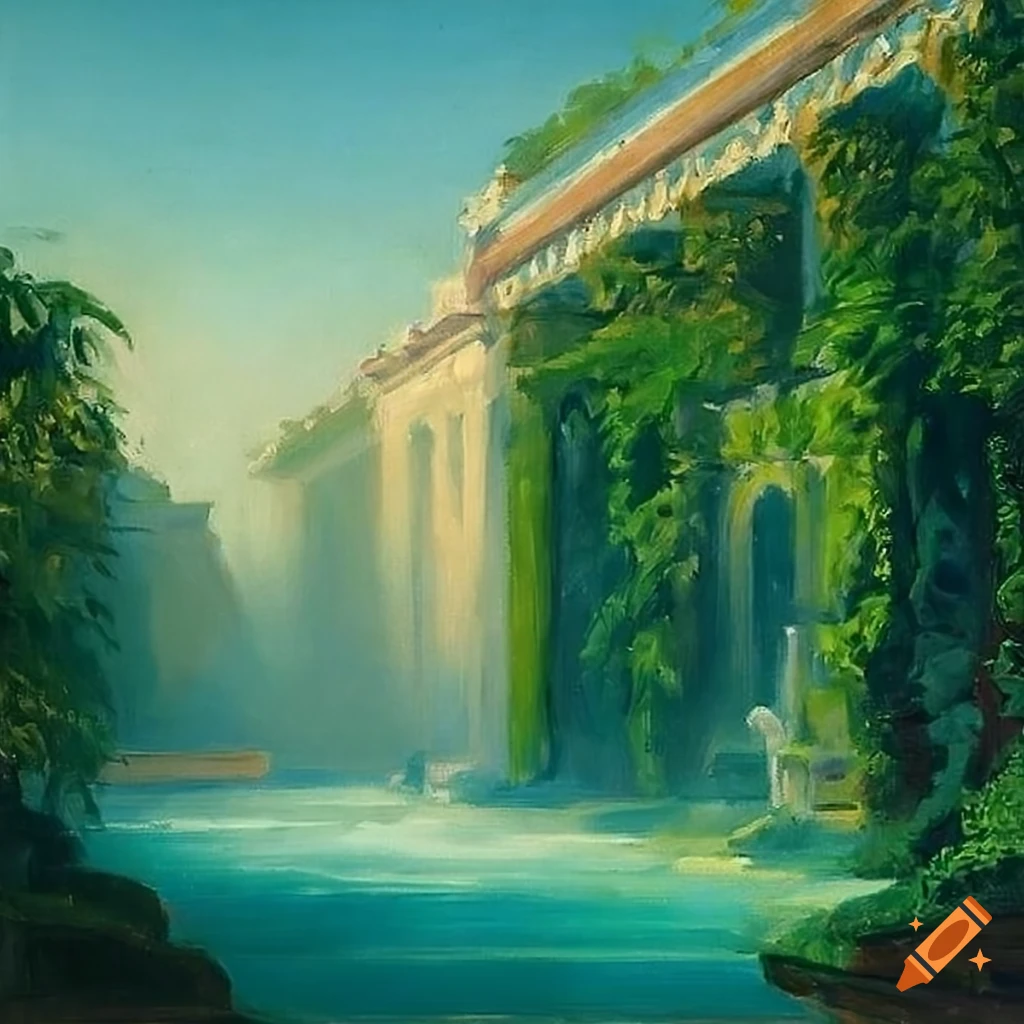 The Hanging Gardens of Babylon, misty, bloom lighting, art deco ...