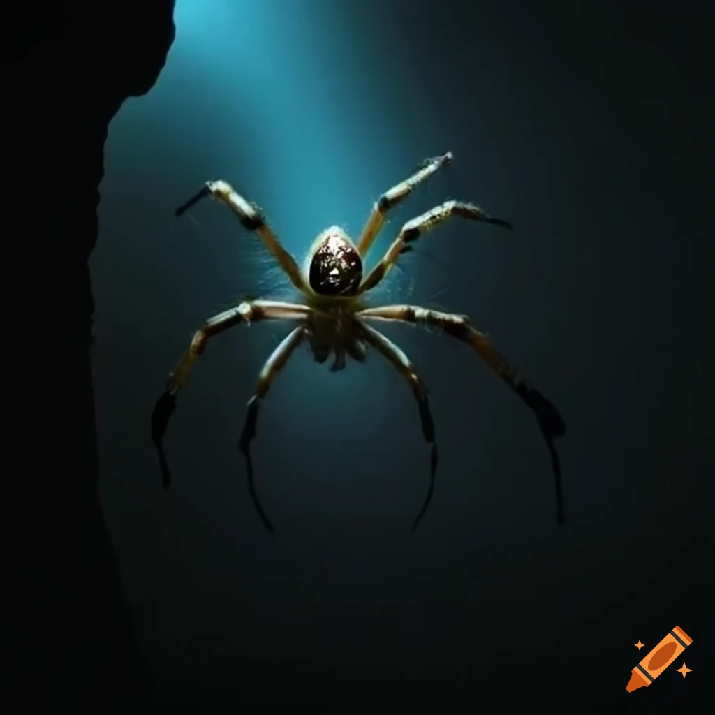 An overgrown spider in a cave, human size on Craiyon