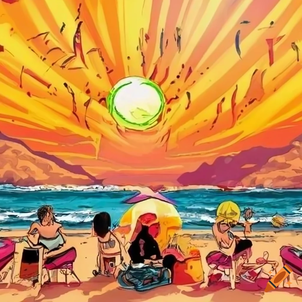 Vibrant comic art depicting a lively summer beach music party