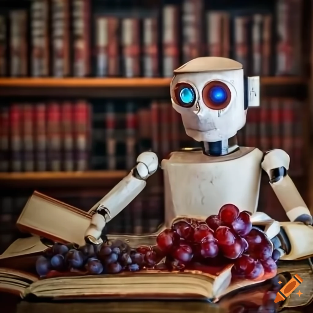 Robot studying from an old book in an old library eating red grapes