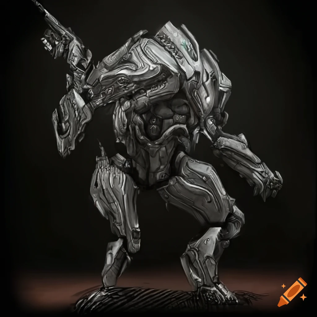 Mech from warframe with wide shoulders and gun in left hand