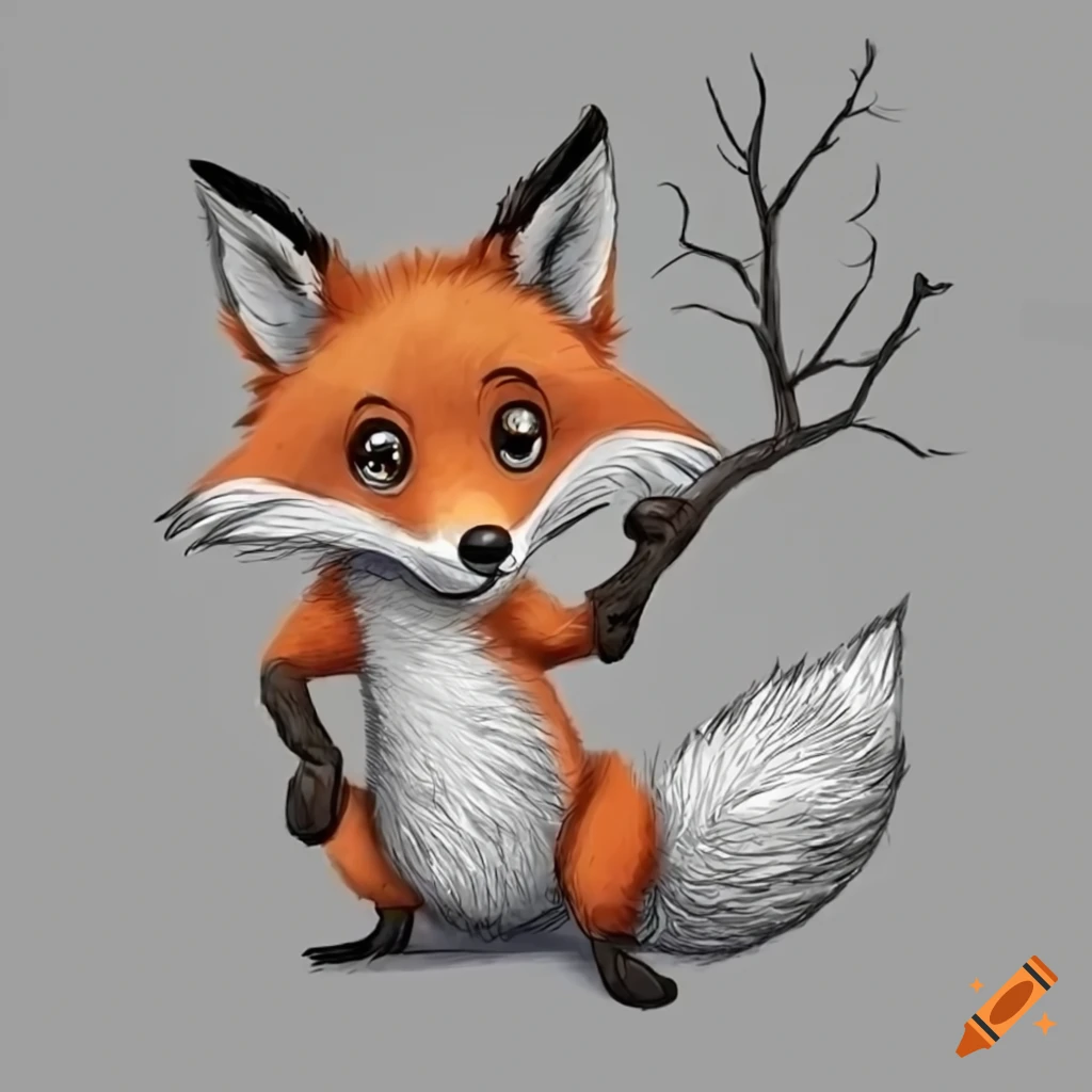 A playful cartoon fox holding a tree branch