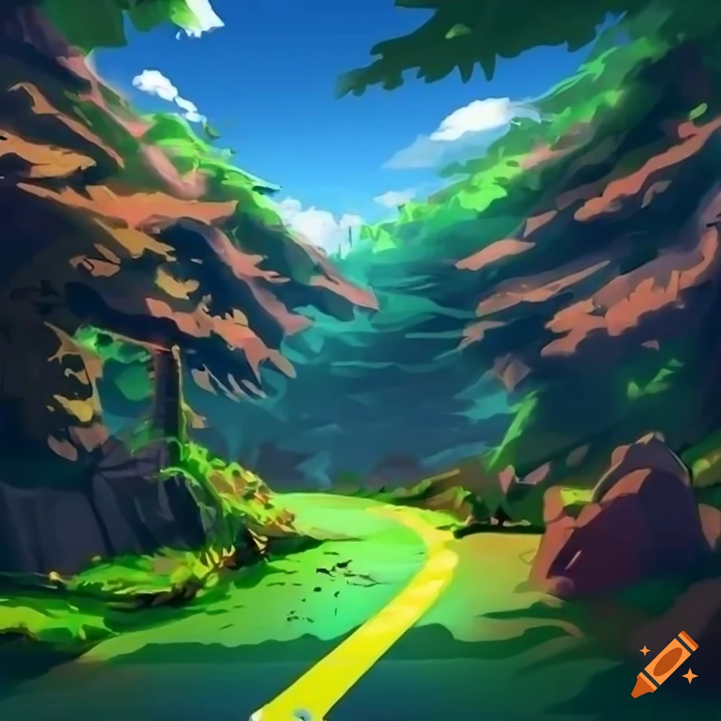 Pokemon anime style landscape art road side