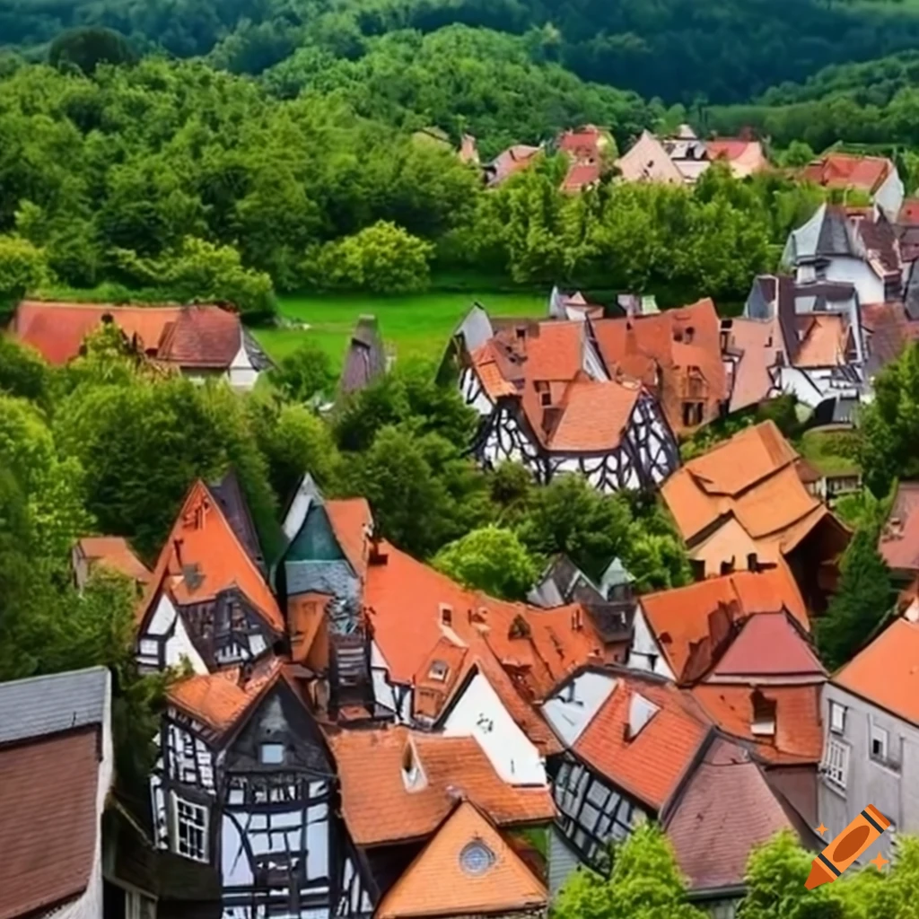 View of fantasy german village roof tops with landscape on Craiyon