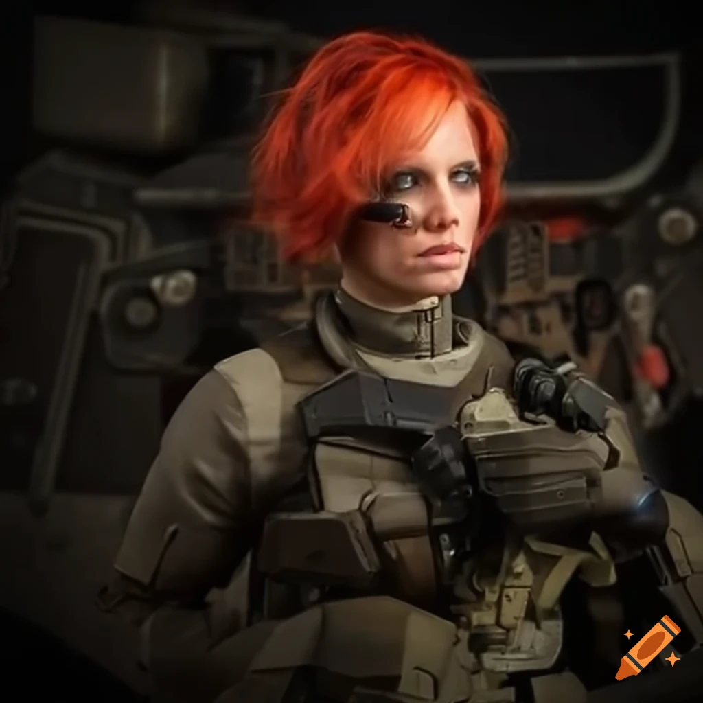 Female mech pilot with red hair ready for battle on Craiyon