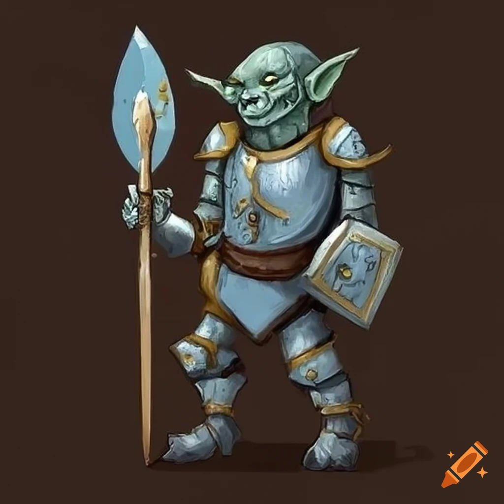 Armored goblin paladin with a spear and shield on Craiyon