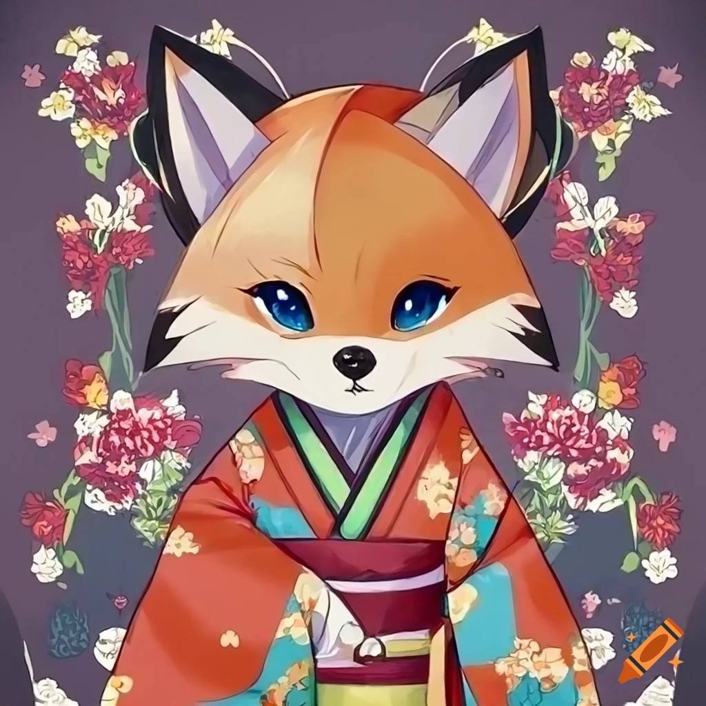 Chibi anime illustration, a fox wearing a kimono