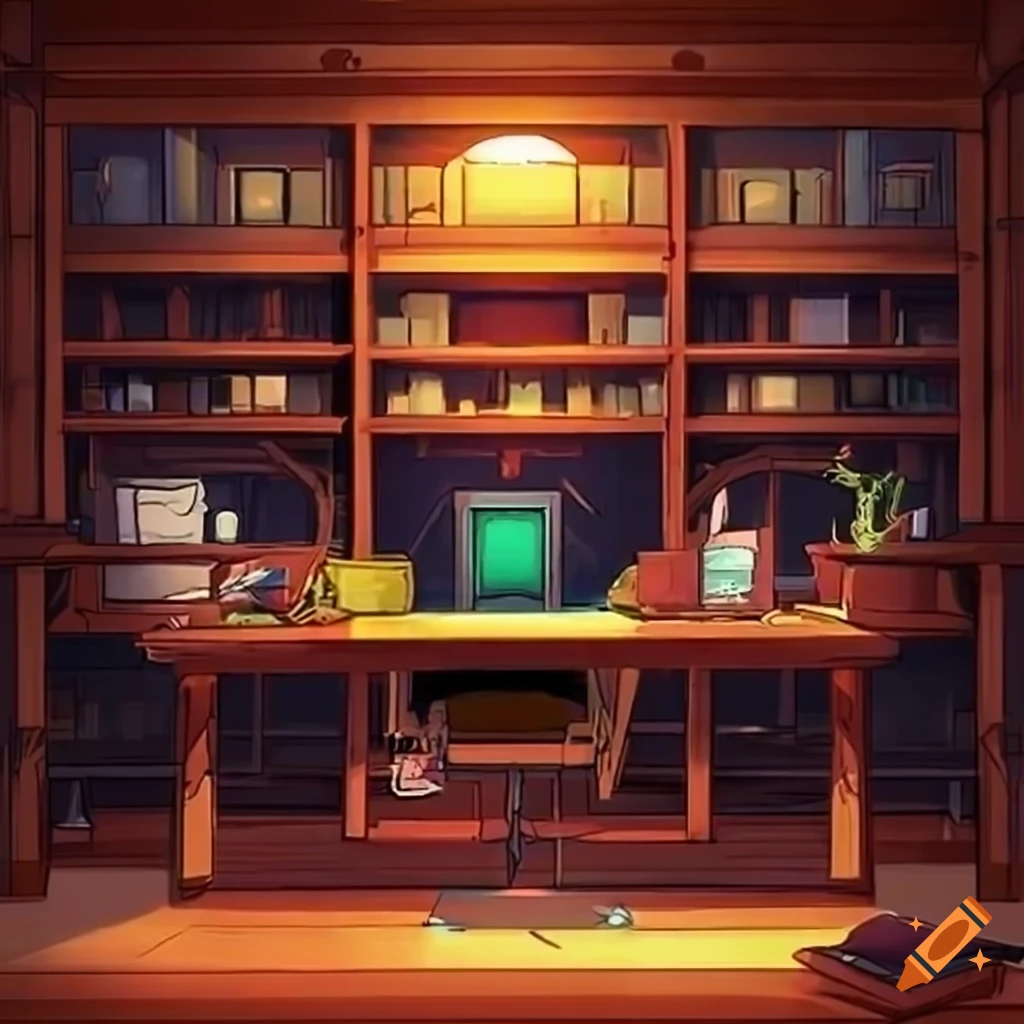 Masterpiece, 2D anime office room in fantasy world on Craiyon