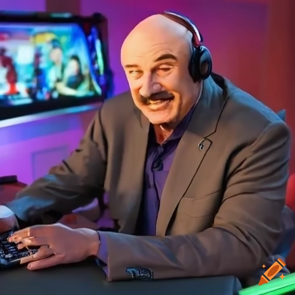 Dr. Phil wearing headphones while enjoying a gaming session on a ...