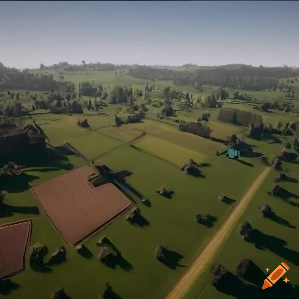 Unreal engine 5 aerial view of sci-fi saxony with farm fields, trees ...
